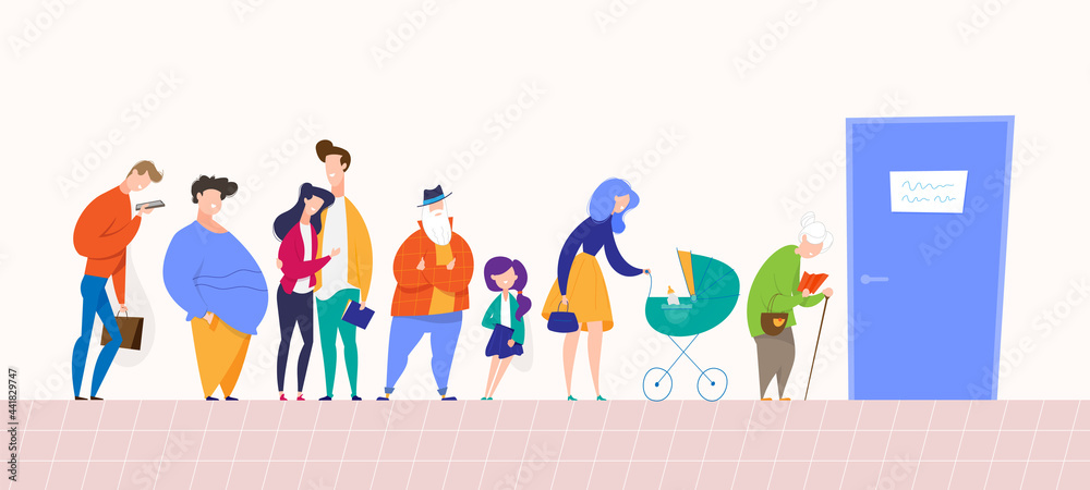 Long queue. People line up at the office door and wait until they are ...