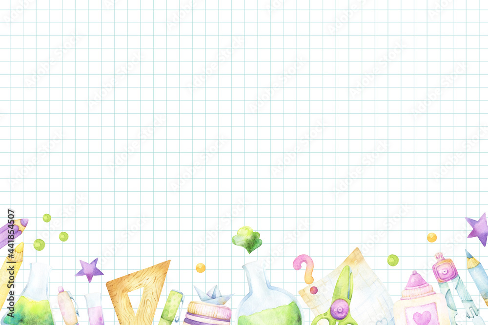 Rectangular template with watercolor illustrations of back to school ...