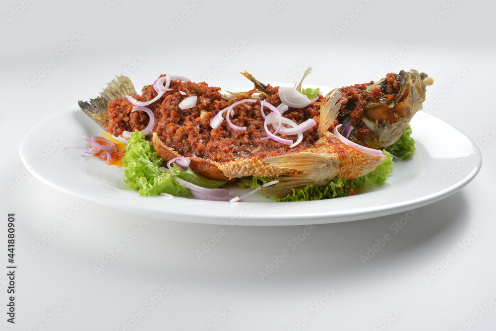 deep fried crispy whole grouper fish with spicy chilli onion sambal ...