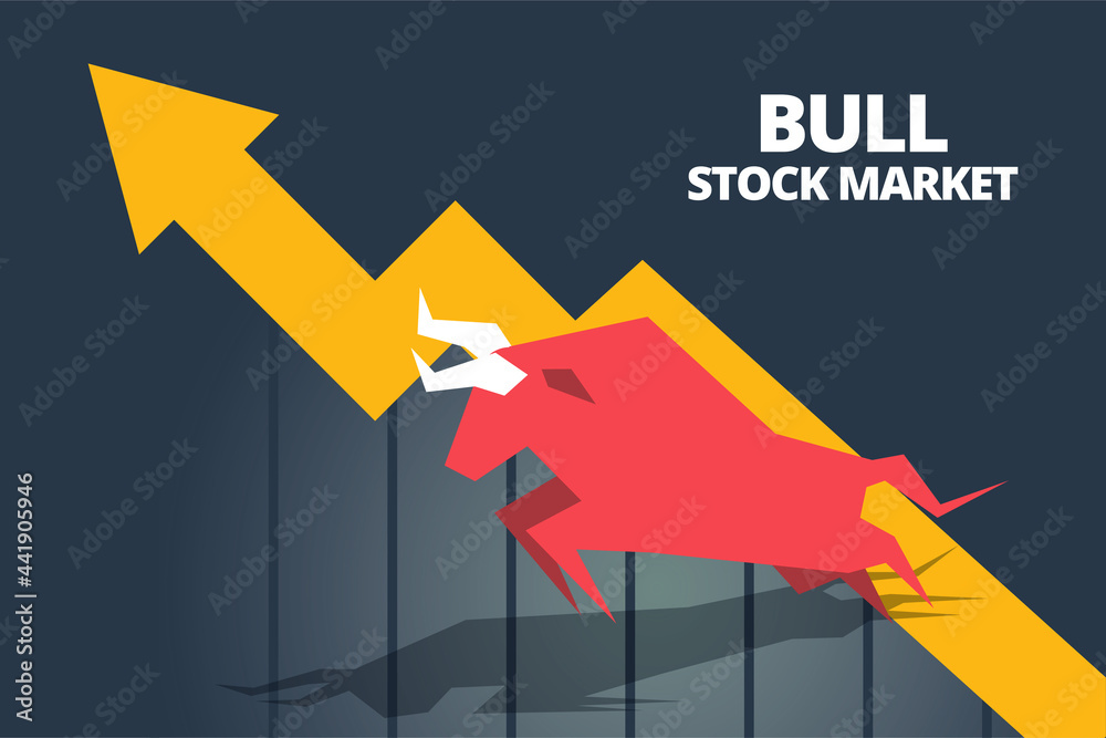Bull or bullish run icon with growth arrow graph and bars. Concepts for ...