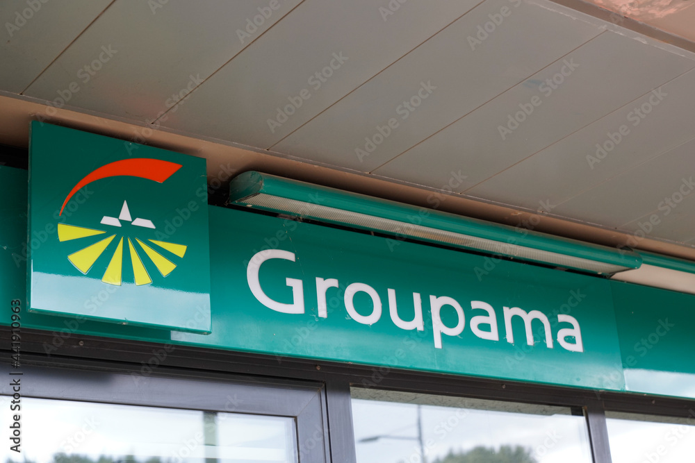 Groupama logo text and sign brand front of office on store french ...