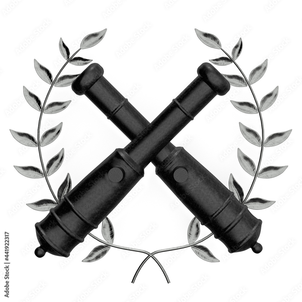 Crossed black powder cannons with wreath 3d rendering Stock ...