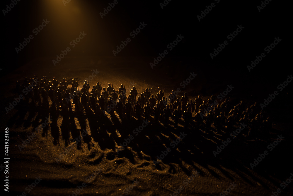 War Concept. Military silhouettes fighting scene on war fog sky ...