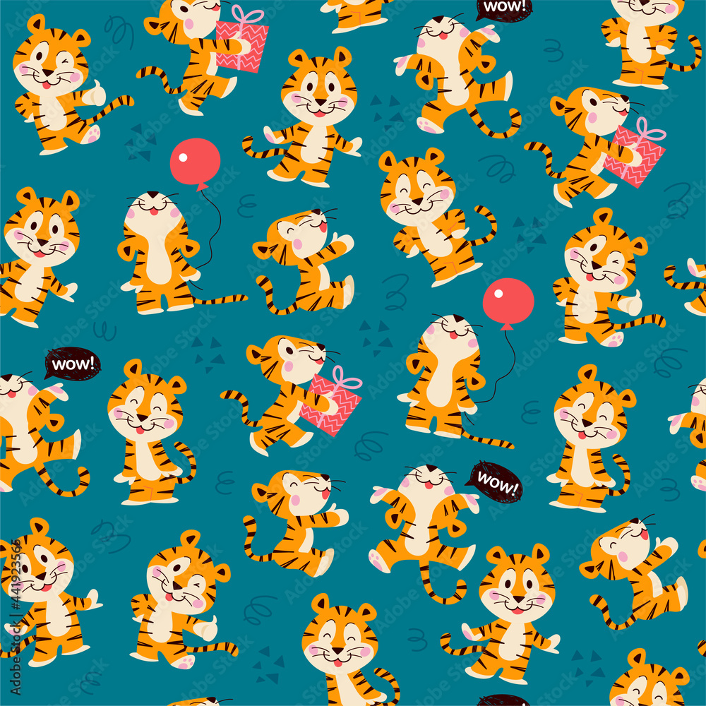 Seamless pattern with cute little tiger characters walk, jump, carry ...
