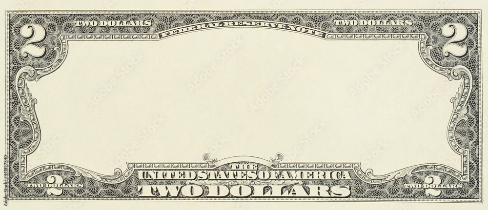 Blank front sample of US two dollar banknote with full empty middle ...