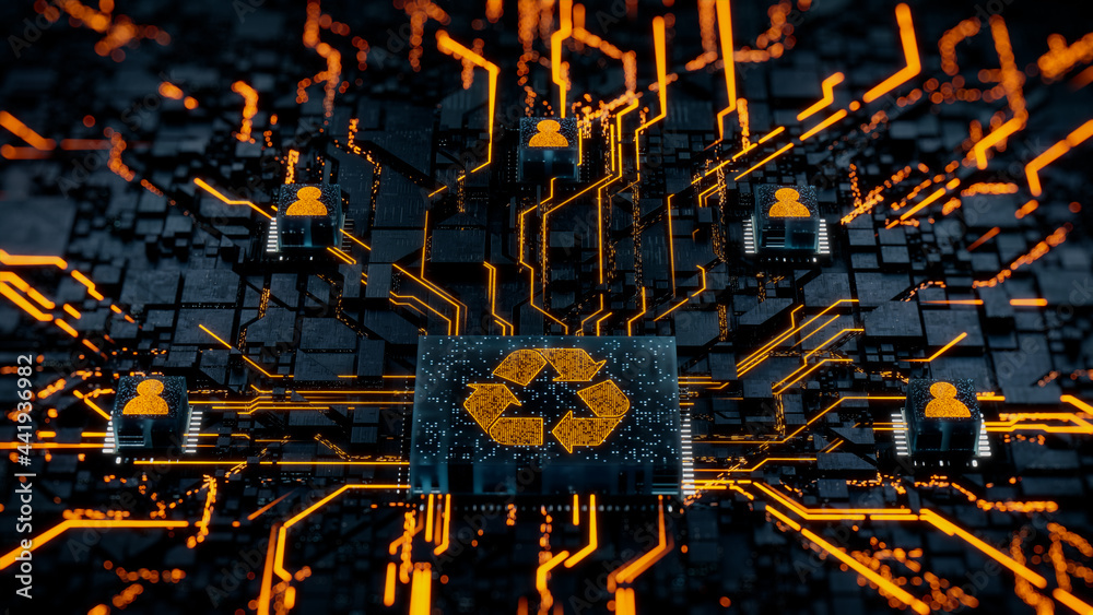 Eco Technology Concept with recycle symbol on a Microchip. Orange Neon ...