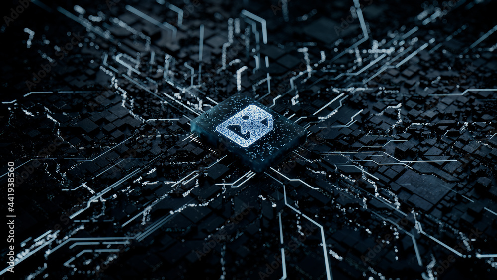 Image Technology Concept with picture symbol on a Microchip. Data flows ...