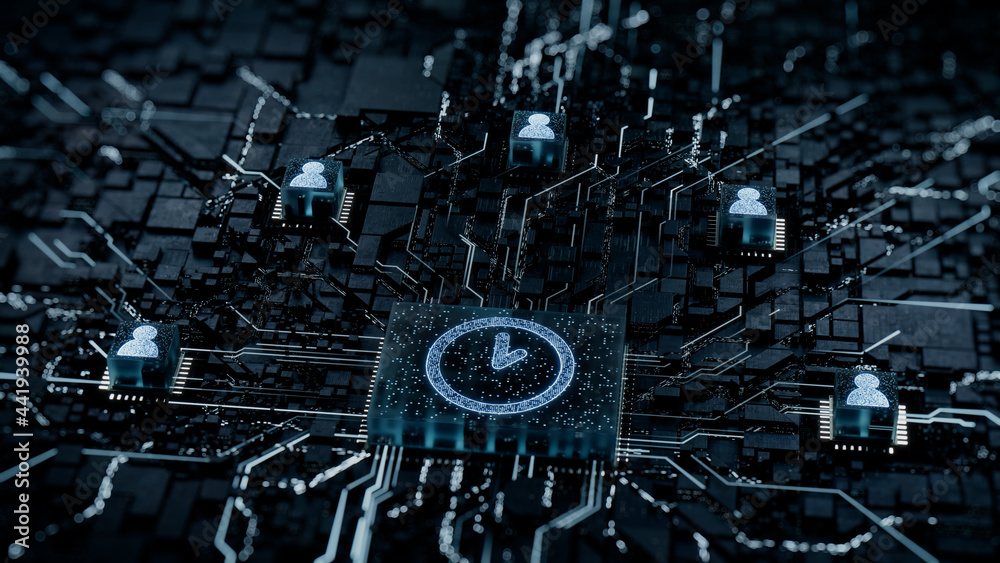 Time Technology Concept with clock symbol on a Microchip. White Neon ...