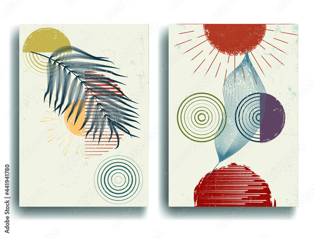 Poster with leaves and geometric shapes in Boho style . Minimal design ...