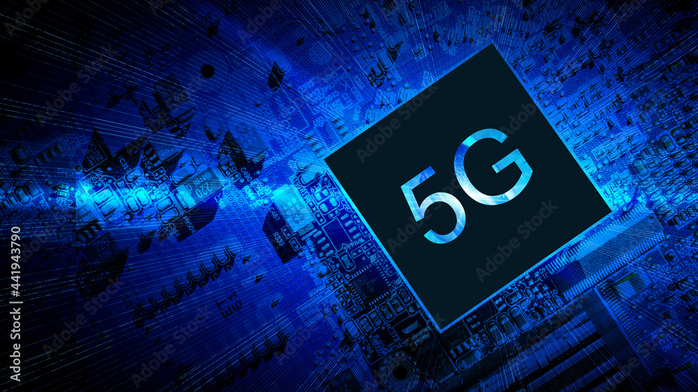 5g data. Digital computer motherboard with 5g mobile phone chip on ...
