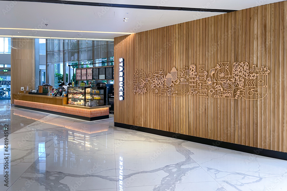 Decoration of Starbucks coffee shop at MedPark Hospital. Starbucks is ...