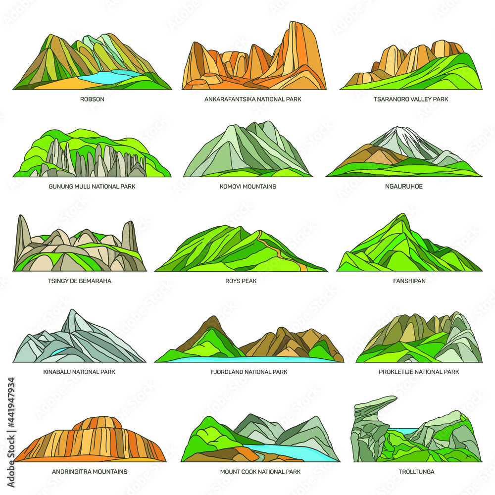 Wonderful tourist sightseeing of mountains and rocks, valleys. Linear ...