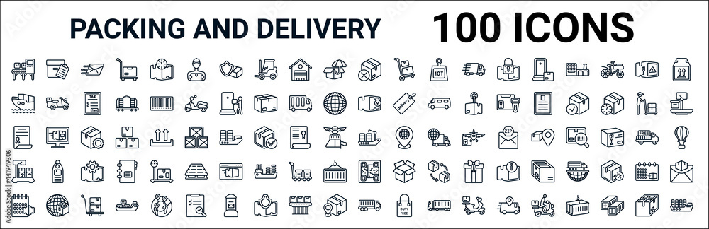outline set of packing and delivery line icons. linear vector icons ...
