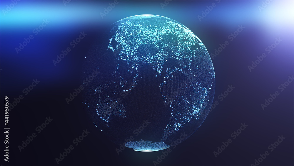 Globe composed of particles and dots illuminated by rays of light ...