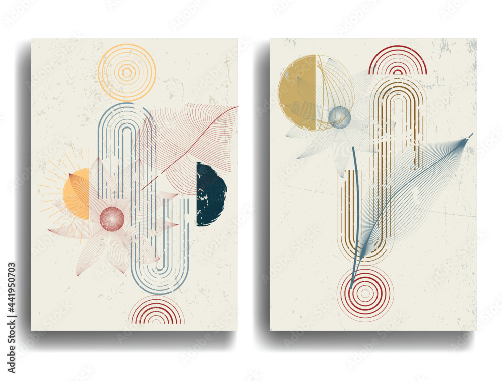 Poster with leaves and geometric shapes in Boho style . Minimal design ...