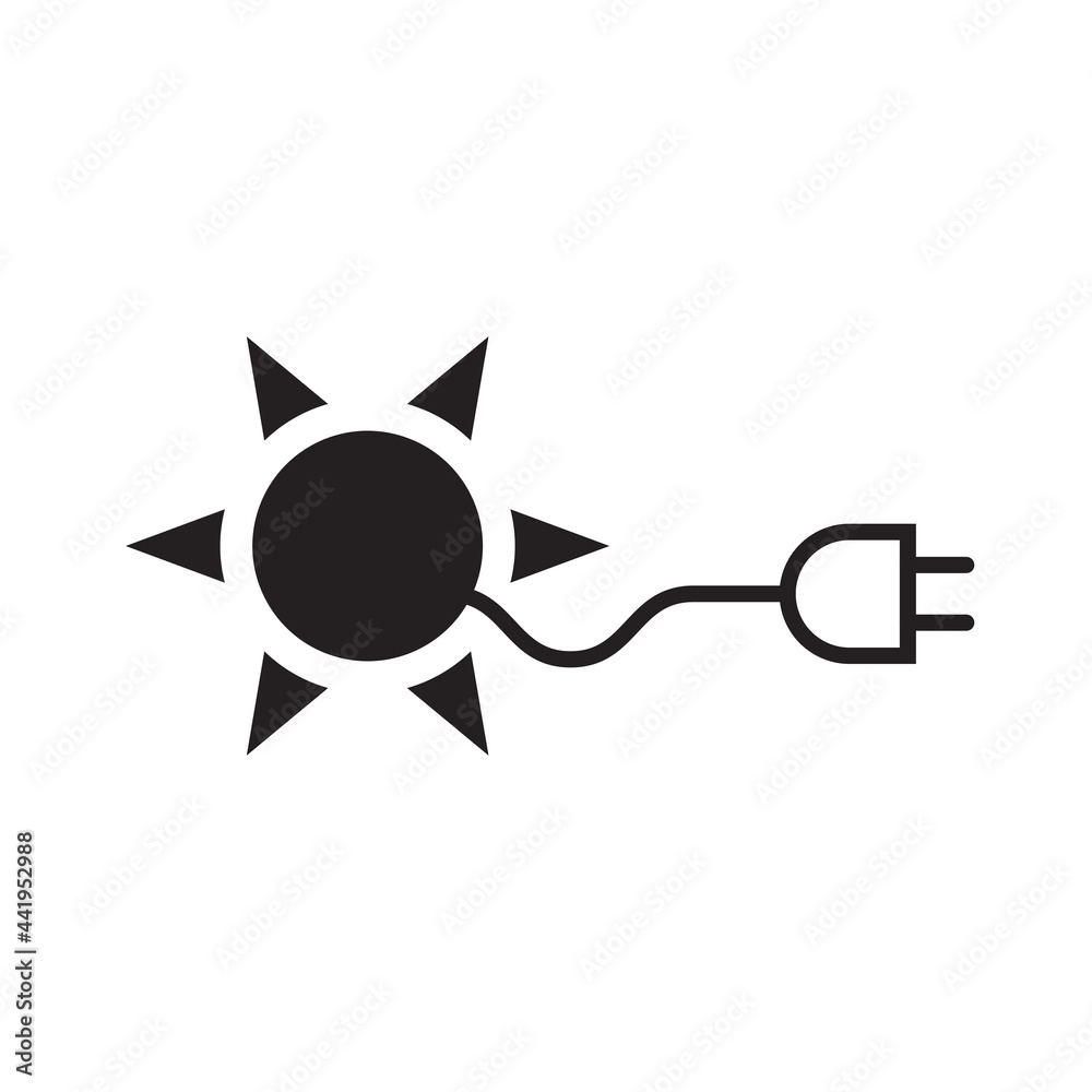 Sun power plug icon, solar energy symbol, black isolated on white ...