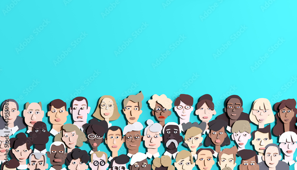 3D Rendeting illustration. Lots of people's faces made of paper. People ...
