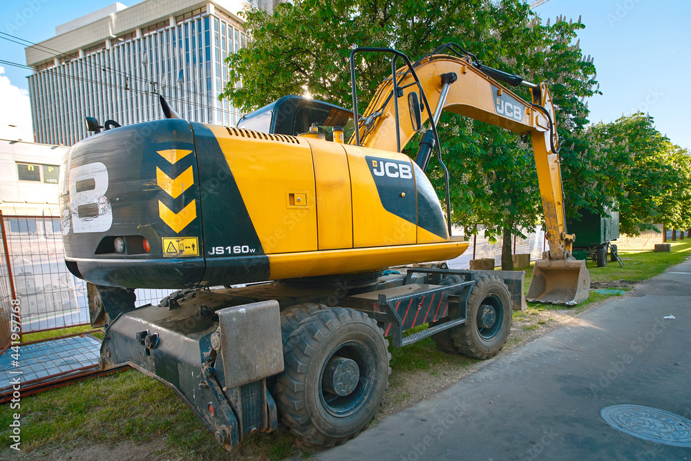 Minsk, Belarus. Jun 2021. JCB WHEELED EXCAVATOR parked at city street ...