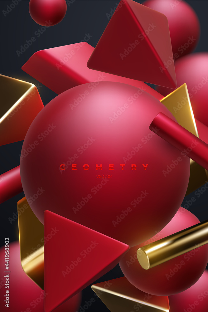 Red and golden geometric shapes cluster. Abstract elegant background ...