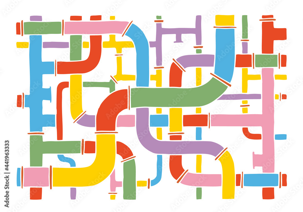 Many colorful pipes of different sizes, colors and diameters are ...