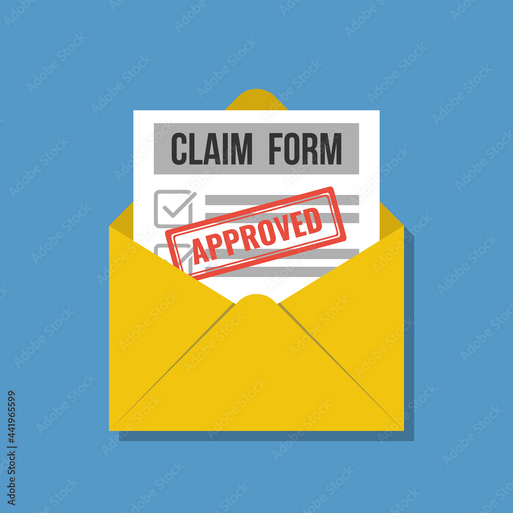 paper document claim form with stamp approved in opened envelope, flat ...