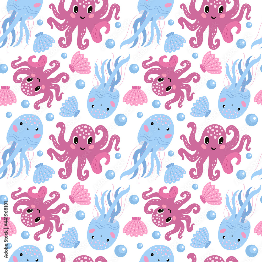 Seamless pattern with cute cartoon sea animals, vector graphics on a ...
