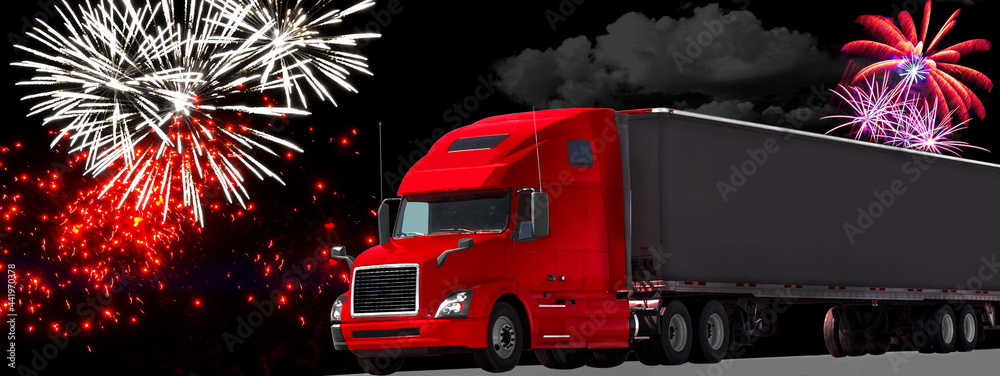 Truck at night with fireworks in the background . New Year wishes with ...