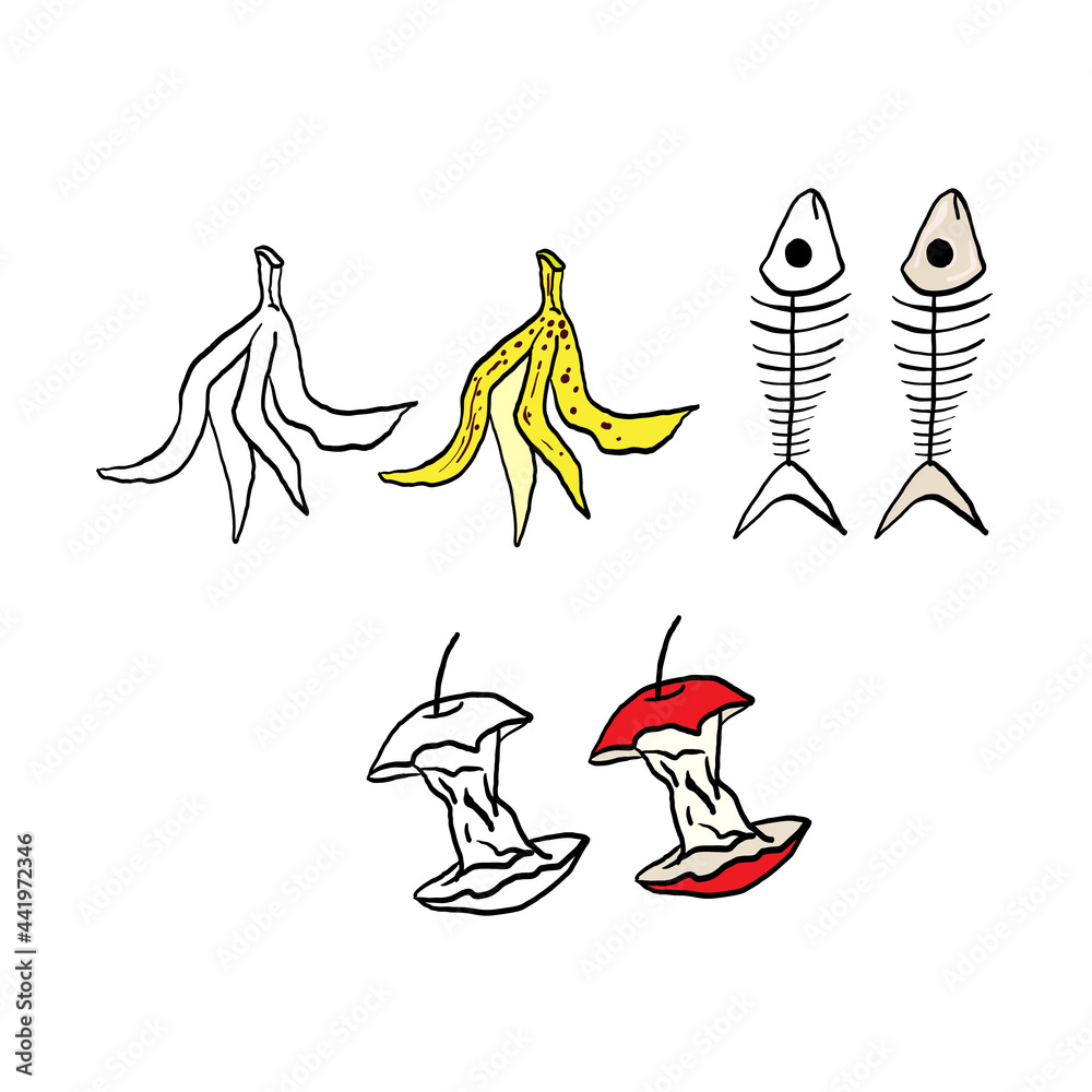 Outline and colorful elements of biodegradable food waste. Spoiled food ...