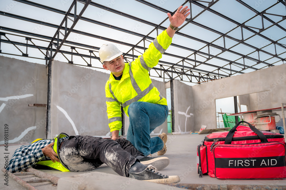 Accident at construction site. Physical injury at work of construction ...