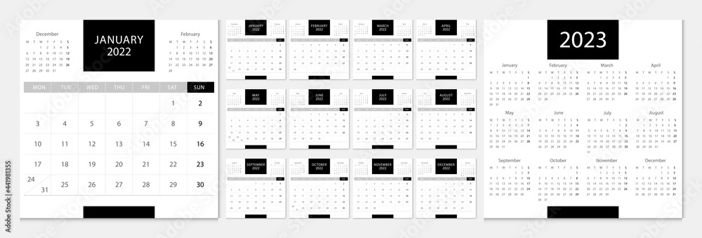 Calendar 2022 week start Monday corporate design template vector. Stock ...