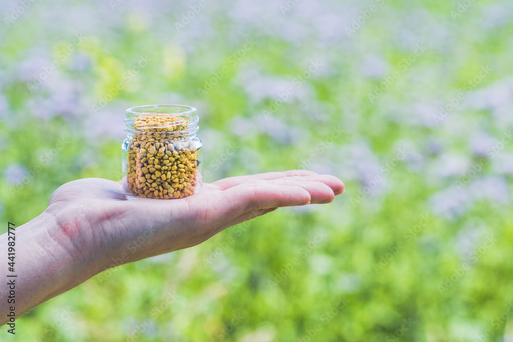Jar of bee pollen on a woman's hand, healthy dietary supplement full of ...
