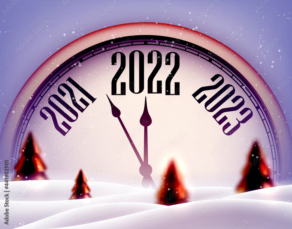 Clock showing 2022 peeking from snowdrift and red firs. Stock Vector ...