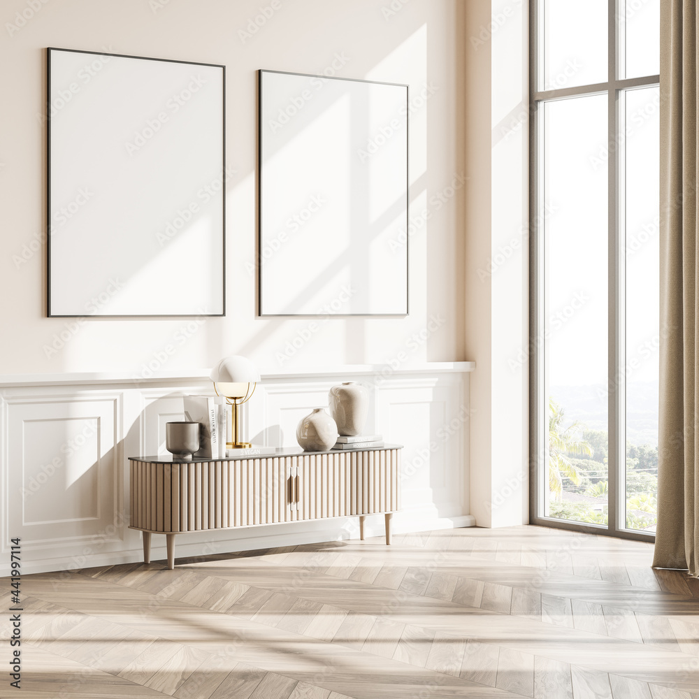 Living room interior with two posters, panoramic window Stock Photo ...