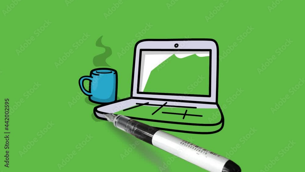 Drawing laptop with cup of tea in black, grey and light grey color ...