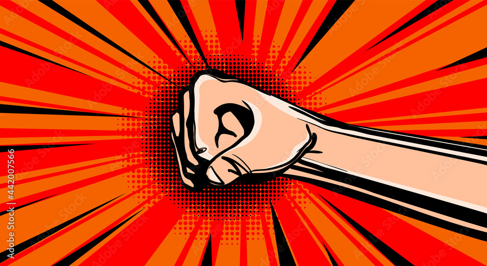 Hand fist. Raised arm fist with comic background. Hand up icon flat ...