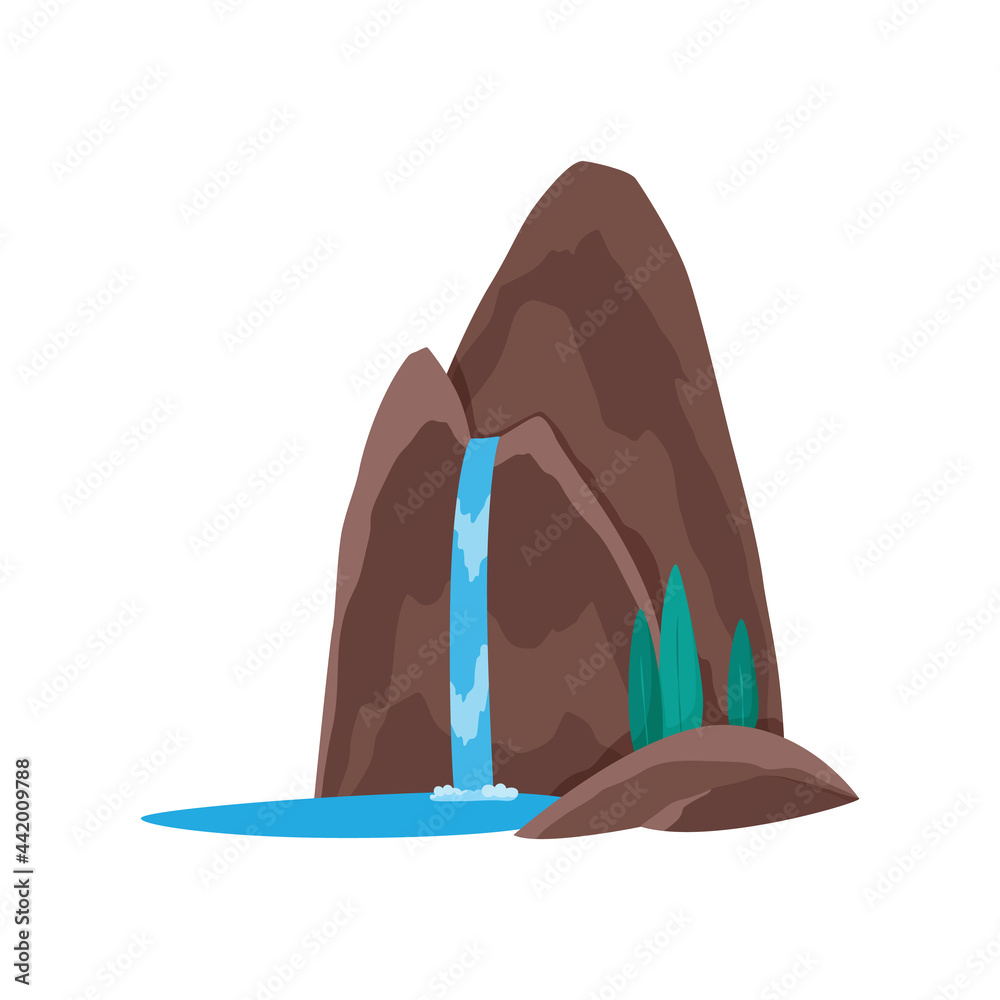 Cartoon river waterfall. Landscape with mountains and trees. Design ...