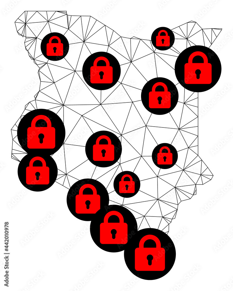 Polygonal mesh lockdown map of Kenya. Abstract mesh lines and locks ... Polygonal mesh lockdown map of Kenya. Abstract mesh lines and locks ...