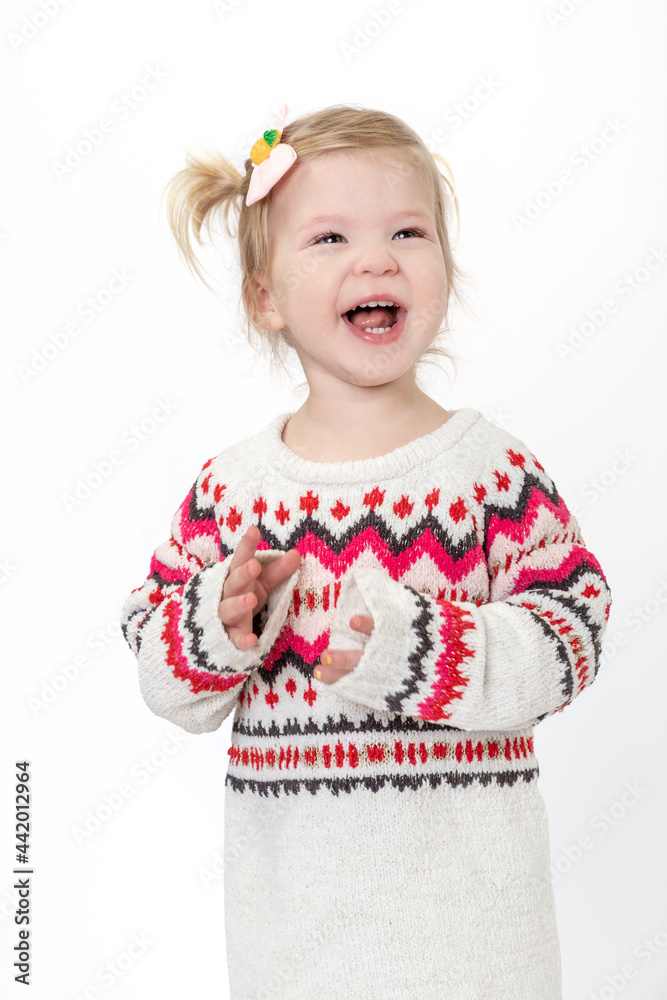 2 year old girl photographed in studio on a white background Stock ...