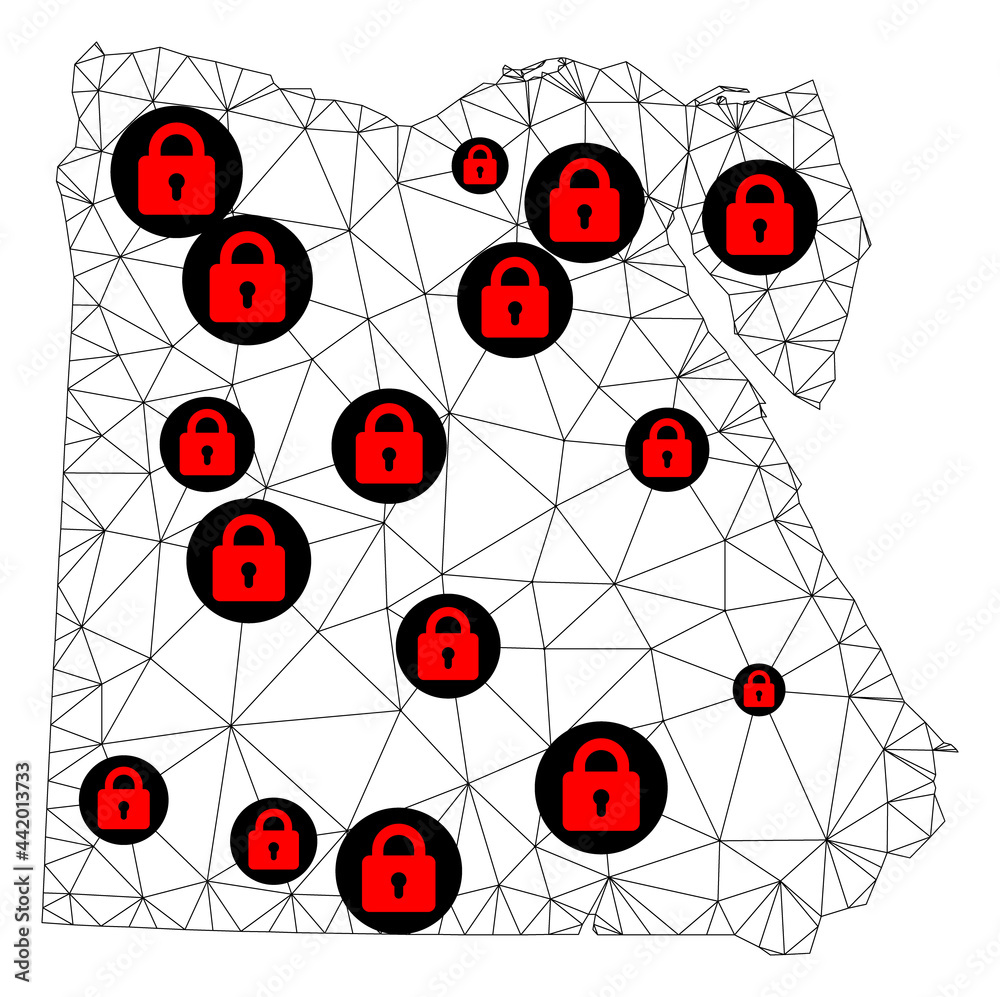 Polygonal mesh lockdown map of Egypt. Abstract mesh lines and locks ... Polygonal mesh lockdown map of Egypt. Abstract mesh lines and locks ...