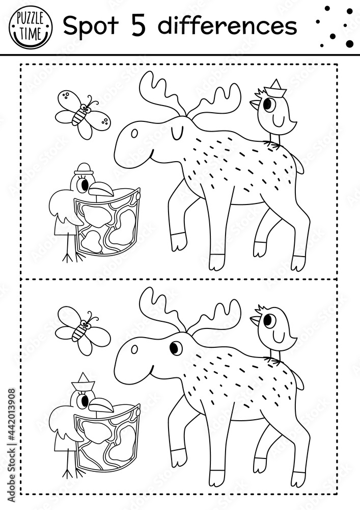 Forest find differences game for children. Black and white educational activity and coloring ...