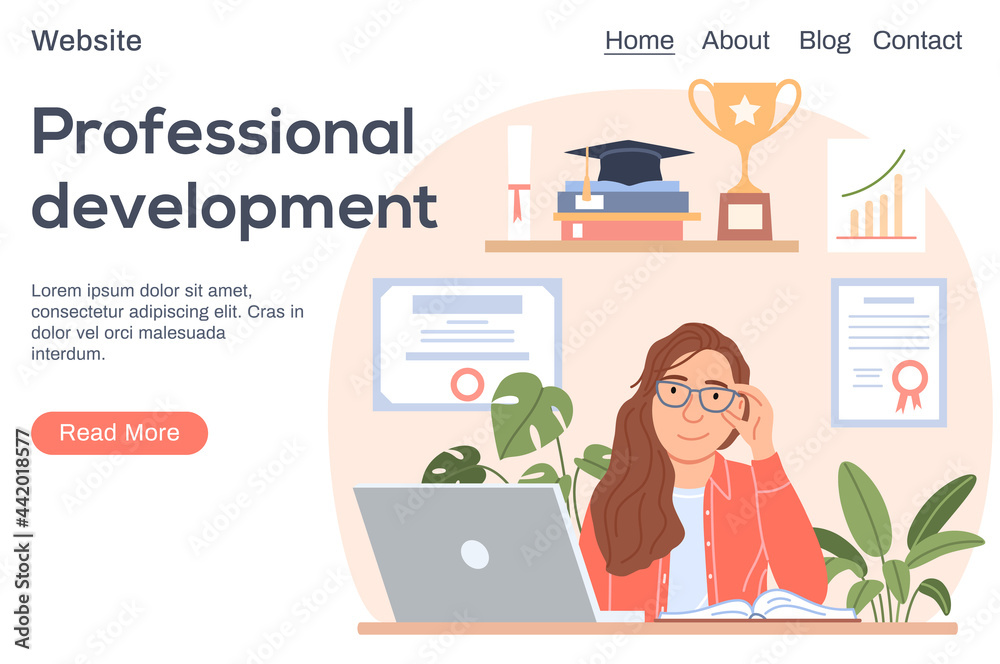 Professional development concept. Flat smiling successful woman with ...