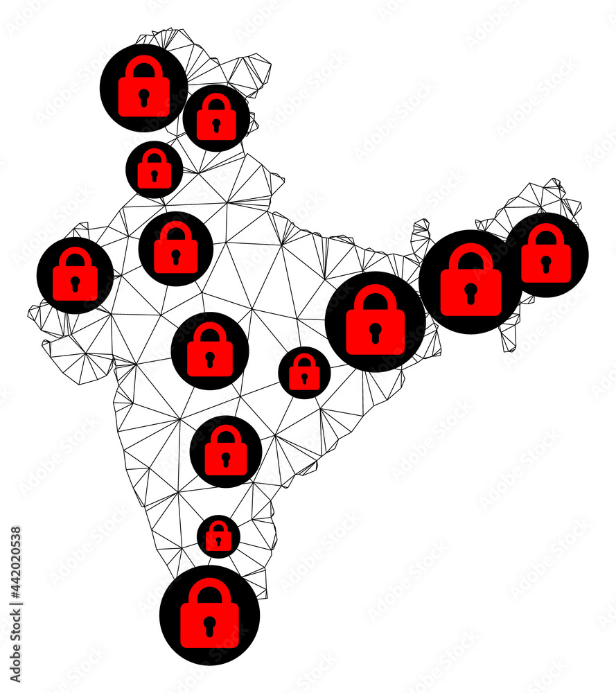 Polygonal mesh lockdown map of India. Abstract mesh lines and locks ... Polygonal mesh lockdown map of India. Abstract mesh lines and locks ...