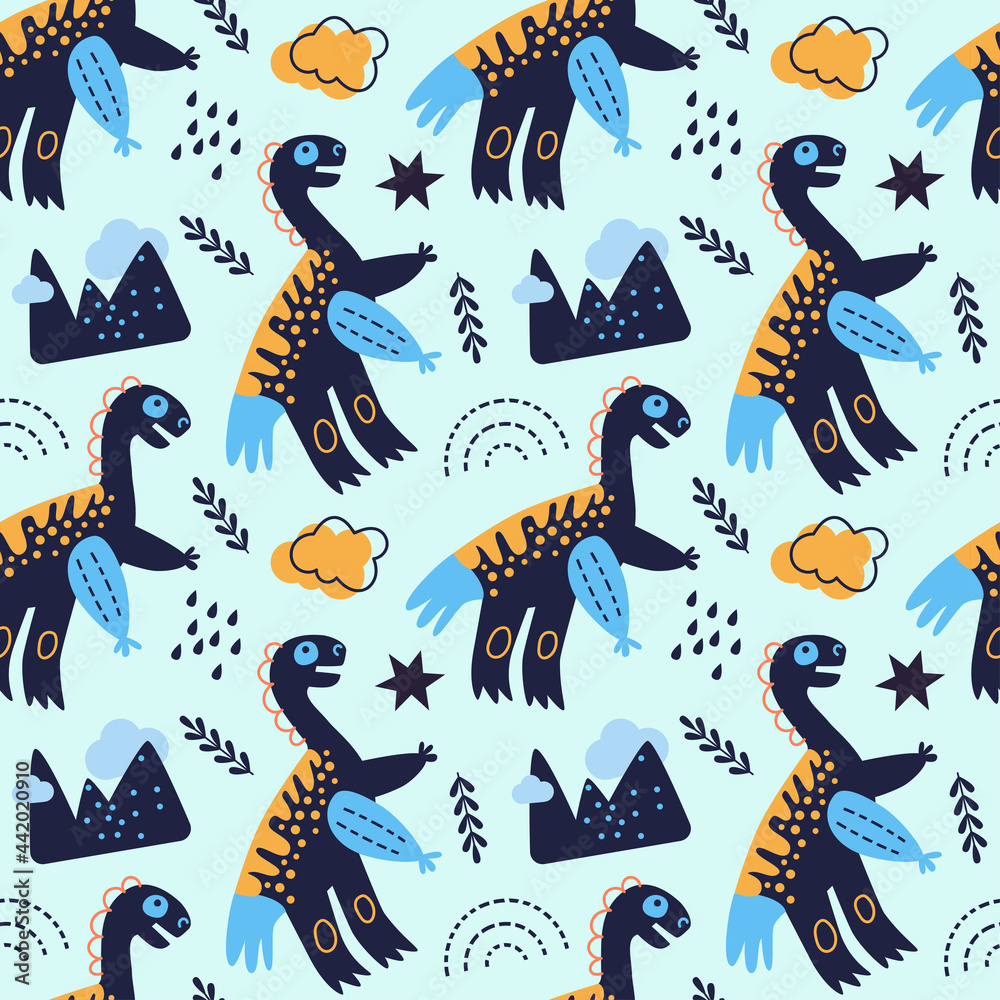 Vector illustration of seamless pattern with dinosaur. Dark blue ...