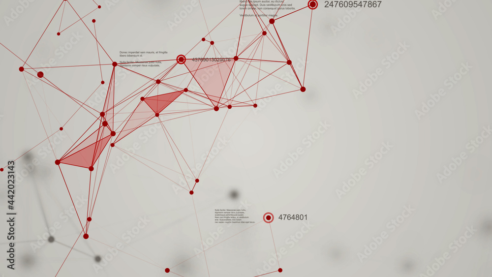 Illustration of red nodes and connections with notes and figures on ...