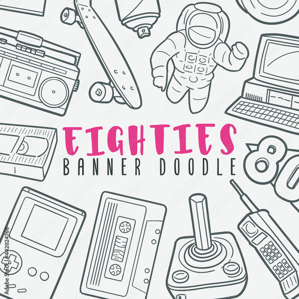 Eighties Doodle Banner Icon. Retro 80s Vector Illustration Hand Drawn ...
