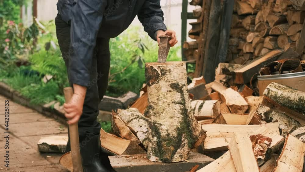 Vidéo Stock A man chopping a log and chopping it in half with an ax. A ...