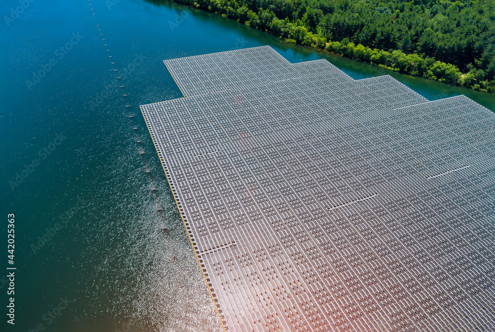 Ecological energy renewable of solar power station float on water pond ...