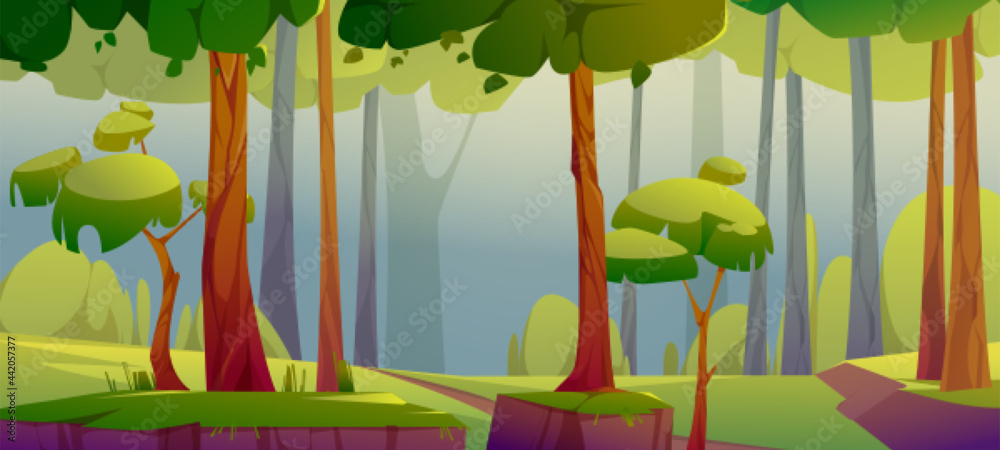 Cartoon forest background, nature landscape with deciduous trees, green ...