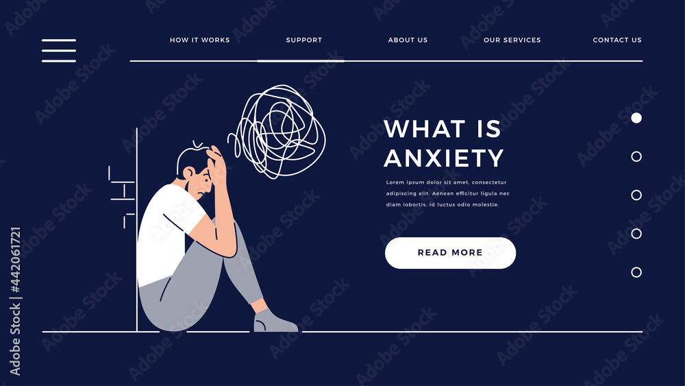 Anxiety homepage template. Young man in a state of depression feels ...