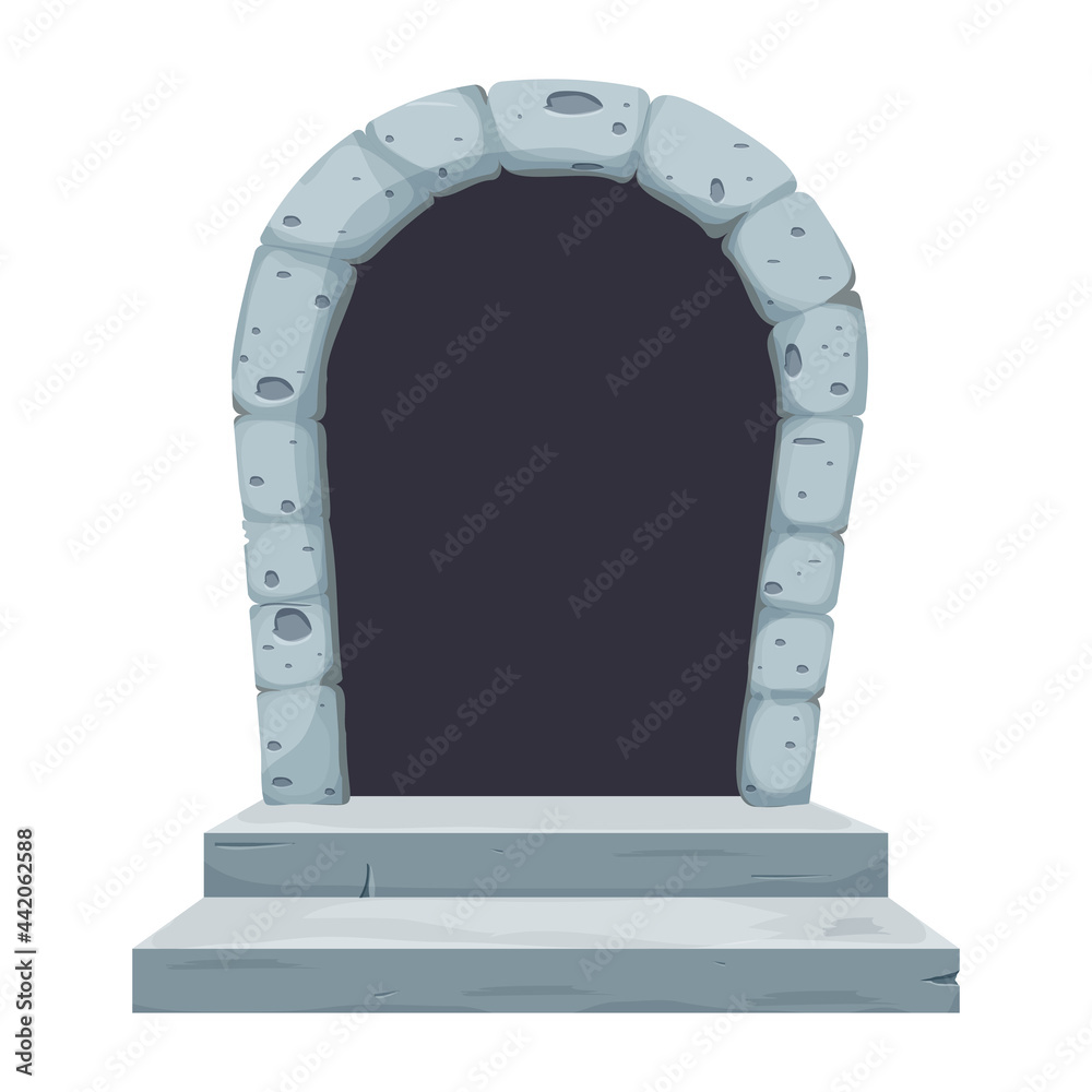 Stone castle arch door, window, comic in cartoon style isolated on ...